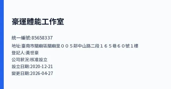 豪運體能工作室的照片-統編 85658337(臺南市) 公司登記資料與營業項目詳細圖表