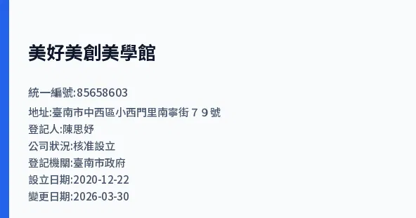 美好美創美學館的照片-統編 85658603(臺南市) 公司登記資料與營業項目詳細圖表