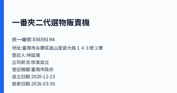 一番夾二代選物販賣機的照片-統編 85659194(臺南市) 公司登記資料與營業項目詳細圖表