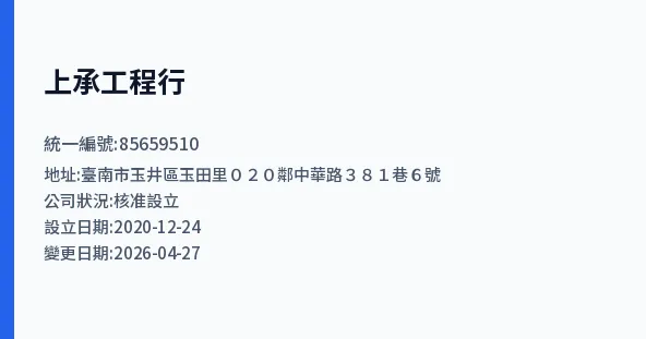 上承工程行的照片-統編 85659510(臺南市) 公司登記資料與營業項目詳細圖表