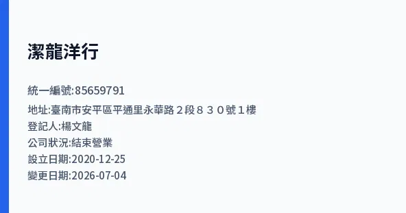 潔龍洋行的照片-統編 85659791(臺南市) 公司登記資料與營業項目詳細圖表