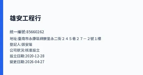 雄安工程行的照片-統編 85660262(臺南市) 公司登記資料與營業項目詳細圖表