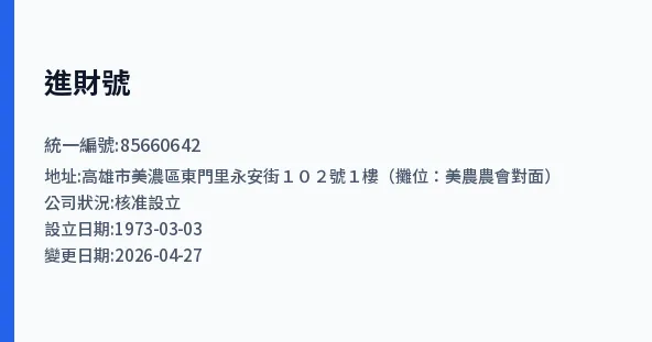 進財號的照片-統編 85660642(高雄市) 公司登記資料與營業項目詳細圖表