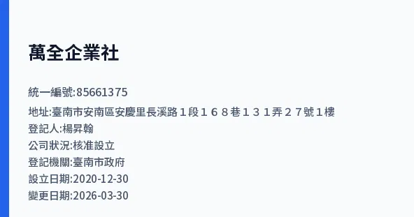 萬全企業社的照片-統編 85661375(臺南市) 公司登記資料與營業項目詳細圖表