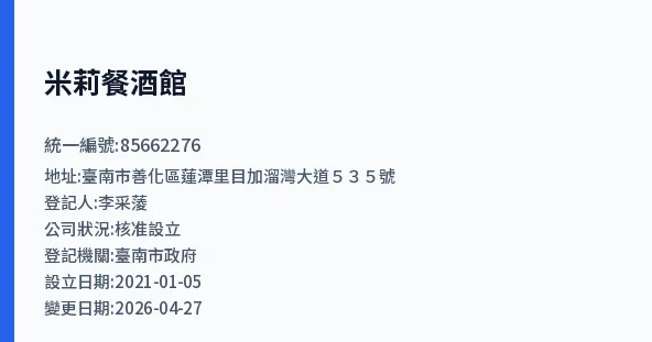 米莉餐酒館的照片-統編 85662276(臺南市) 公司登記資料與營業項目詳細圖表
