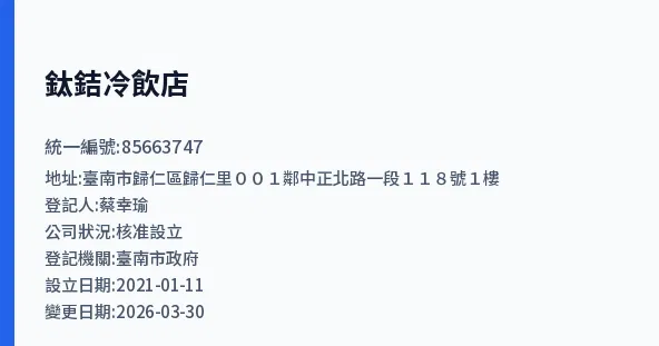 鈦銡冷飲店的照片-統編 85663747(臺南市) 公司登記資料與營業項目詳細圖表