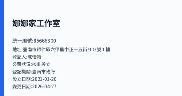 娜娜家工作室的照片-統編 85666300(臺南市) 公司登記資料與營業項目詳細圖表