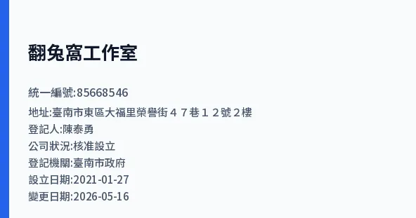 翻兔窩工作室的照片-統編 85668546(臺南市) 公司登記資料與營業項目詳細圖表