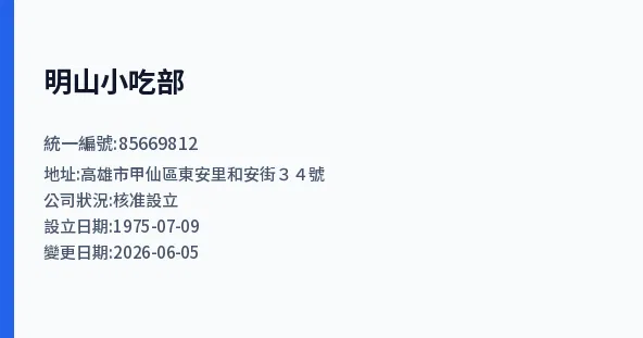 明山小吃部的照片-統編 85669812(高雄市) 公司登記資料與營業項目詳細圖表