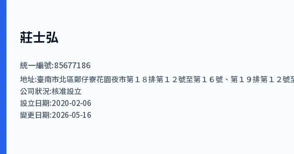 莊士弘的照片-統編 85677186(臺南市) 公司登記資料與營業項目詳細圖表