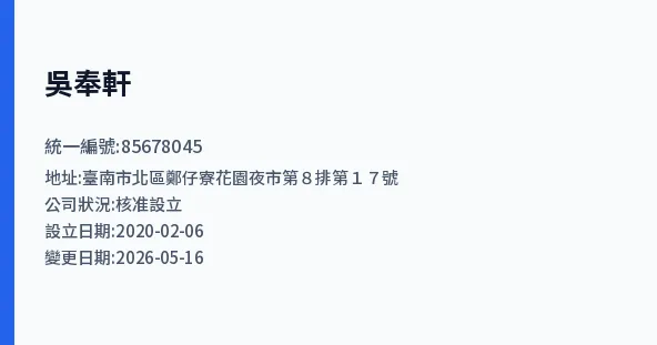 吳奉軒的照片-統編 85678045(臺南市) 公司登記資料與營業項目詳細圖表