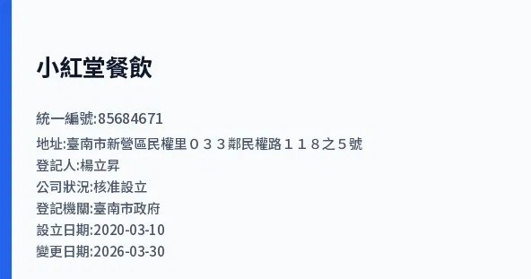 小紅堂餐飲的照片-統編 85684671(臺南市) 公司登記資料與營業項目詳細圖表