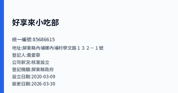 好享來小吃部的照片-統編 85686615(屏東縣) 公司登記資料與營業項目詳細圖表
