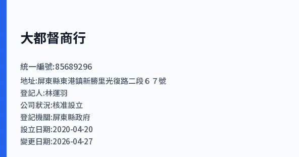 大都督商行的照片-統編 85689296(屏東縣) 公司登記資料與營業項目詳細圖表