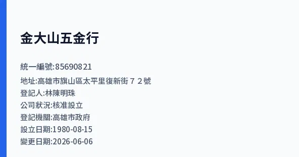 金大山五金行的照片-統編 85690821(高雄市) 公司登記資料與營業項目詳細圖表