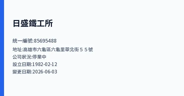 日盛鐵工所的照片-統編 85695488(高雄市) 公司登記資料與營業項目詳細圖表