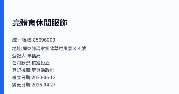 亮體育休閒服飾的照片-統編 85696000(屏東縣) 公司登記資料與營業項目詳細圖表