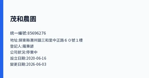 茂和農園的照片-統編 85696276(屏東縣) 公司登記資料與營業項目詳細圖表
