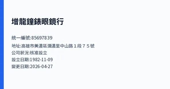 增龍鐘錶眼鏡行的照片-統編 85697839(高雄市) 公司登記資料與營業項目詳細圖表