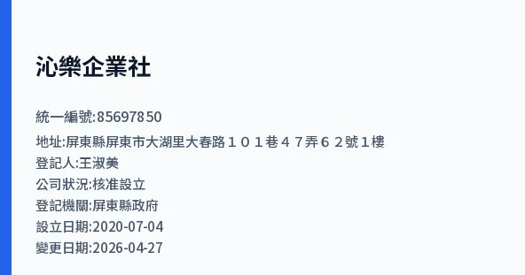 沁樂企業社的照片-統編 85697850(屏東縣) 公司登記資料與營業項目詳細圖表