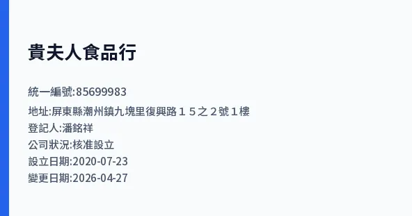 貴夫人食品行的照片-統編 85699983(屏東縣) 公司登記資料與營業項目詳細圖表