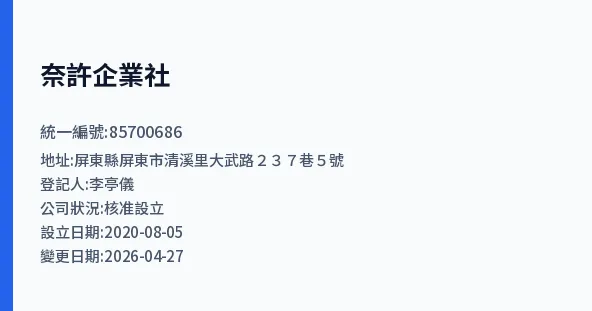 奈許企業社的照片-統編 85700686(屏東縣) 公司登記資料與營業項目詳細圖表