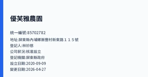 優芙雅農園的照片-統編 85702782(屏東縣) 公司登記資料與營業項目詳細圖表
