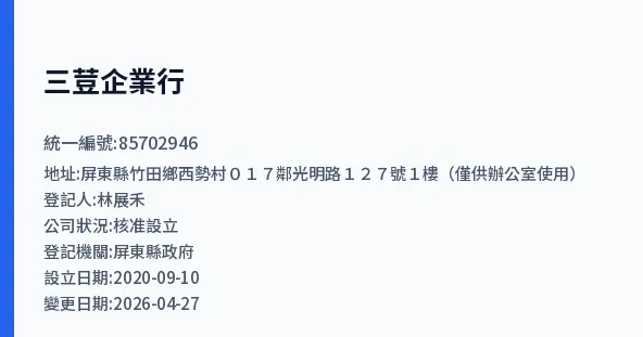 三荳企業行的照片-統編 85702946(屏東縣) 公司登記資料與營業項目詳細圖表