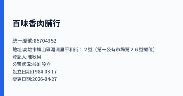 百味香肉脯行的照片-統編 85704352(高雄市) 公司登記資料與營業項目詳細圖表
