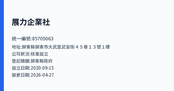 展力企業社的照片-統編 85705063(屏東縣) 公司登記資料與營業項目詳細圖表