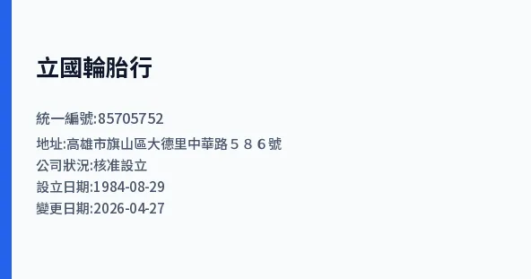 立國輪胎行的照片-統編 85705752(高雄市) 公司登記資料與營業項目詳細圖表