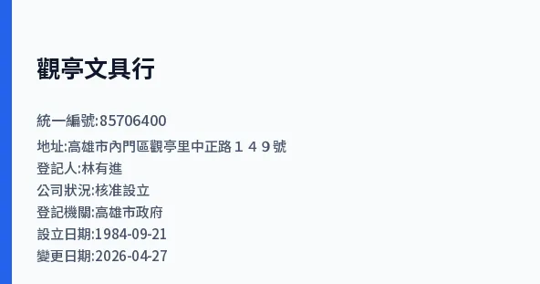 觀亭文具行的照片-統編 85706400(高雄市) 公司登記資料與營業項目詳細圖表