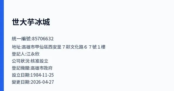 世大芋冰城的照片-統編 85706632(高雄市) 公司登記資料與營業項目詳細圖表
