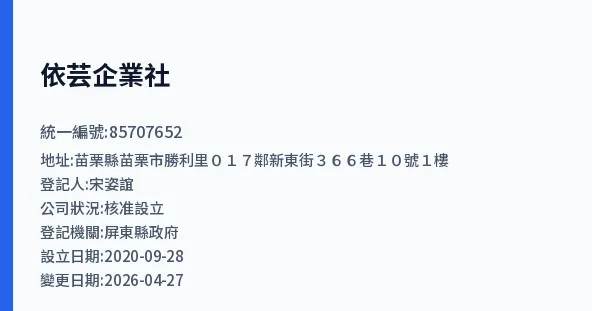 依芸企業社的照片-統編 85707652(苗栗縣) 公司登記資料與營業項目詳細圖表