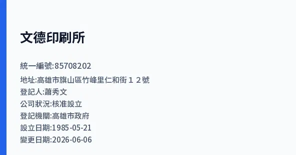 文德印刷所的照片-統編 85708202(高雄市) 公司登記資料與營業項目詳細圖表