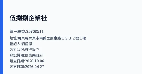 伍捌捌企業社的照片-統編 85708511(屏東縣) 公司登記資料與營業項目詳細圖表
