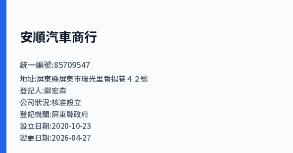 安順汽車商行的照片-統編 85709547(屏東縣) 公司登記資料與營業項目詳細圖表