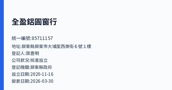 全盈鋁圓窗行的照片-統編 85711157(屏東縣) 公司登記資料與營業項目詳細圖表