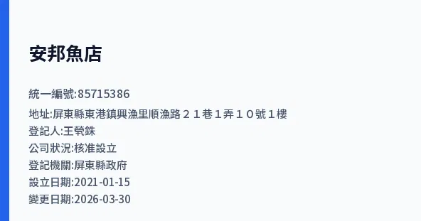 安邦魚店的照片-統編 85715386(屏東縣) 公司登記資料與營業項目詳細圖表
