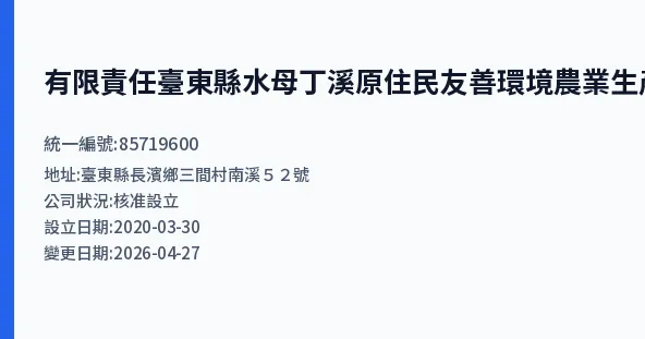 有限責任臺東縣水母丁溪原住民友善環境農業生產合作社的照片-統編 85719600(臺東縣) 公司登記資料與營業項目詳細圖表