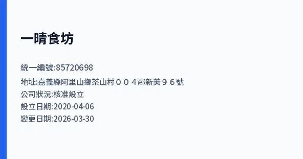 一晴食坊的照片-統編 85720698(嘉義縣) 公司登記資料與營業項目詳細圖表