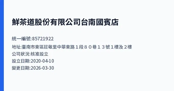 鮮茶道股份有限公司台南國賓店的照片-統編 85721922(臺南市) 公司登記資料與營業項目詳細圖表