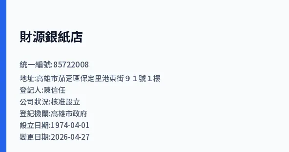 財源銀紙店的照片-統編 85722008(高雄市) 公司登記資料與營業項目詳細圖表