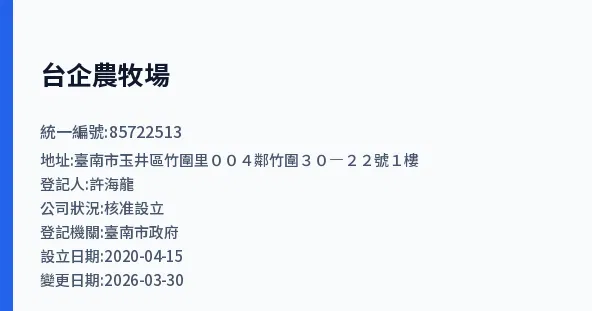 台企農牧場的照片-統編 85722513(臺南市) 公司登記資料與營業項目詳細圖表