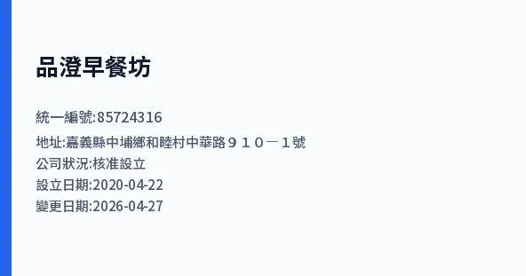 品澄早餐坊的照片-統編 85724316(嘉義縣) 公司登記資料與營業項目詳細圖表