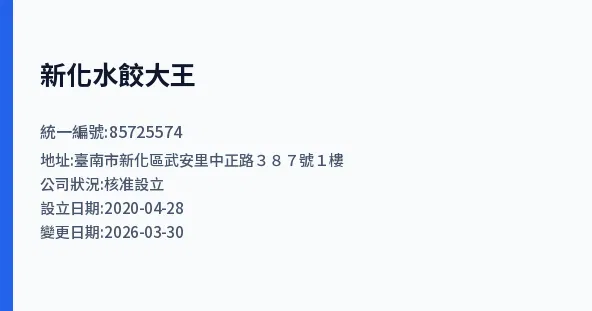 新化水餃大王的照片-統編 85725574(臺南市) 公司登記資料與營業項目詳細圖表