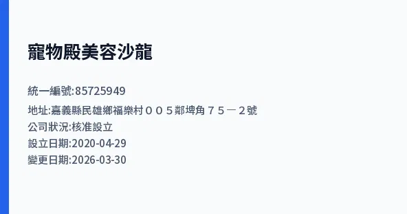 寵物殿美容沙龍的照片-統編 85725949(嘉義縣) 公司登記資料與營業項目詳細圖表