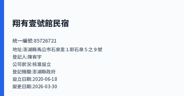 翔有壹號館民宿的照片-統編 85726721(澎湖縣) 公司登記資料與營業項目詳細圖表