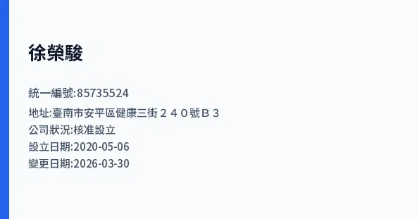 徐榮駿的照片-統編 85735524(臺南市) 公司登記資料與營業項目詳細圖表