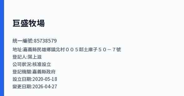 巨盛牧場的照片-統編 85738579(嘉義縣) 公司登記資料與營業項目詳細圖表